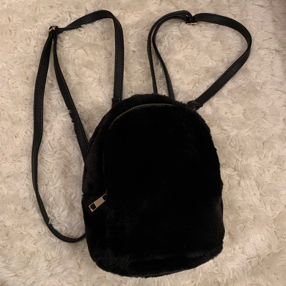 Bags | Small Black Fuzzy Backpack Purse | Poshmark